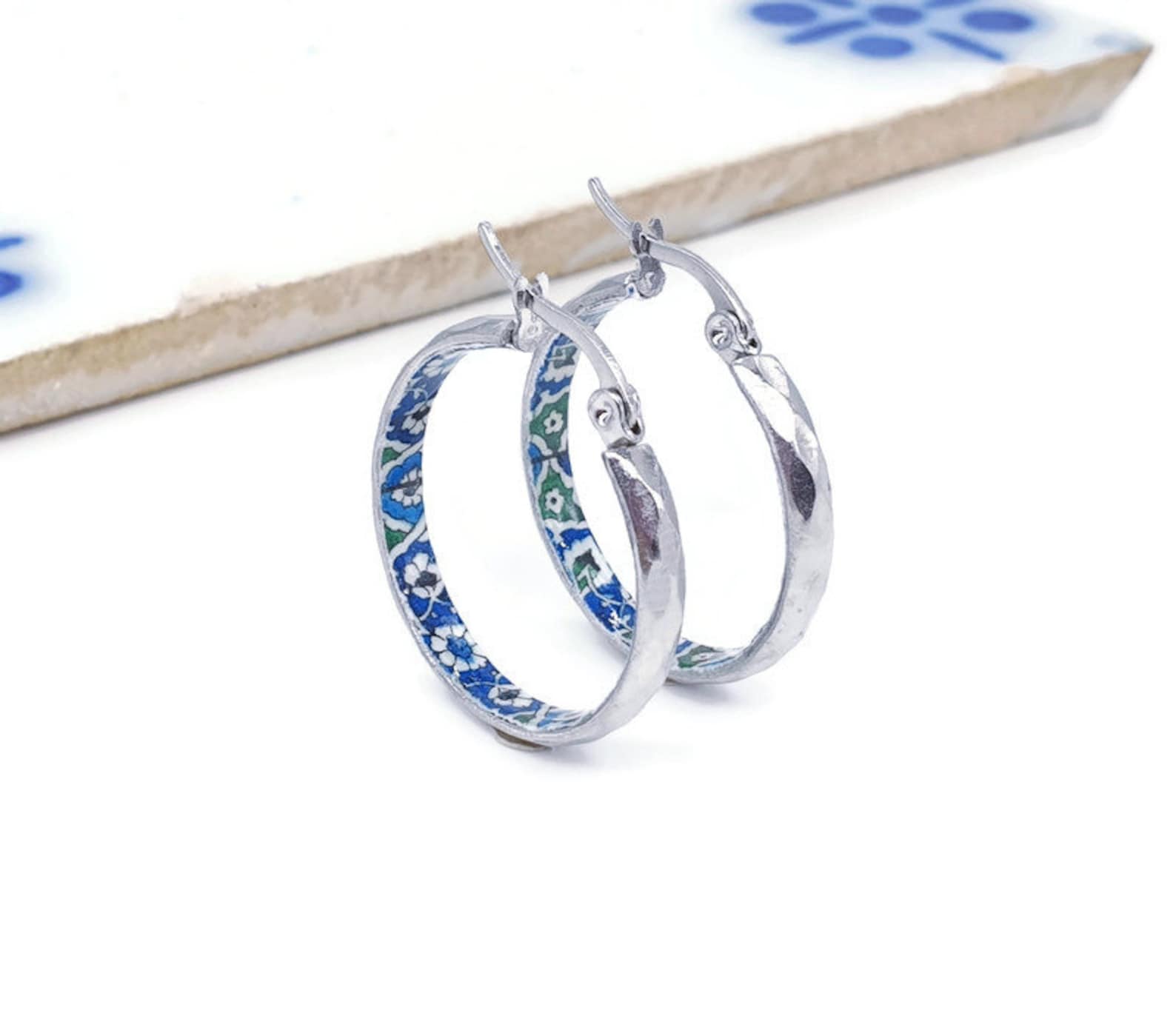 Turkish HOOP Tile Earring Blue Flower Tile Silver STEEL Damascus ...