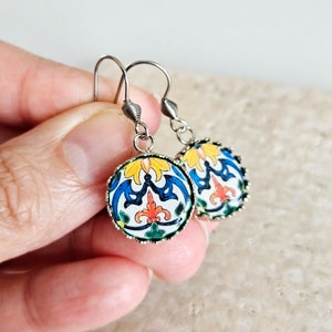 Coimbra Tile Round Earring Crown Steel Dangle Earring Majolica Tile ...