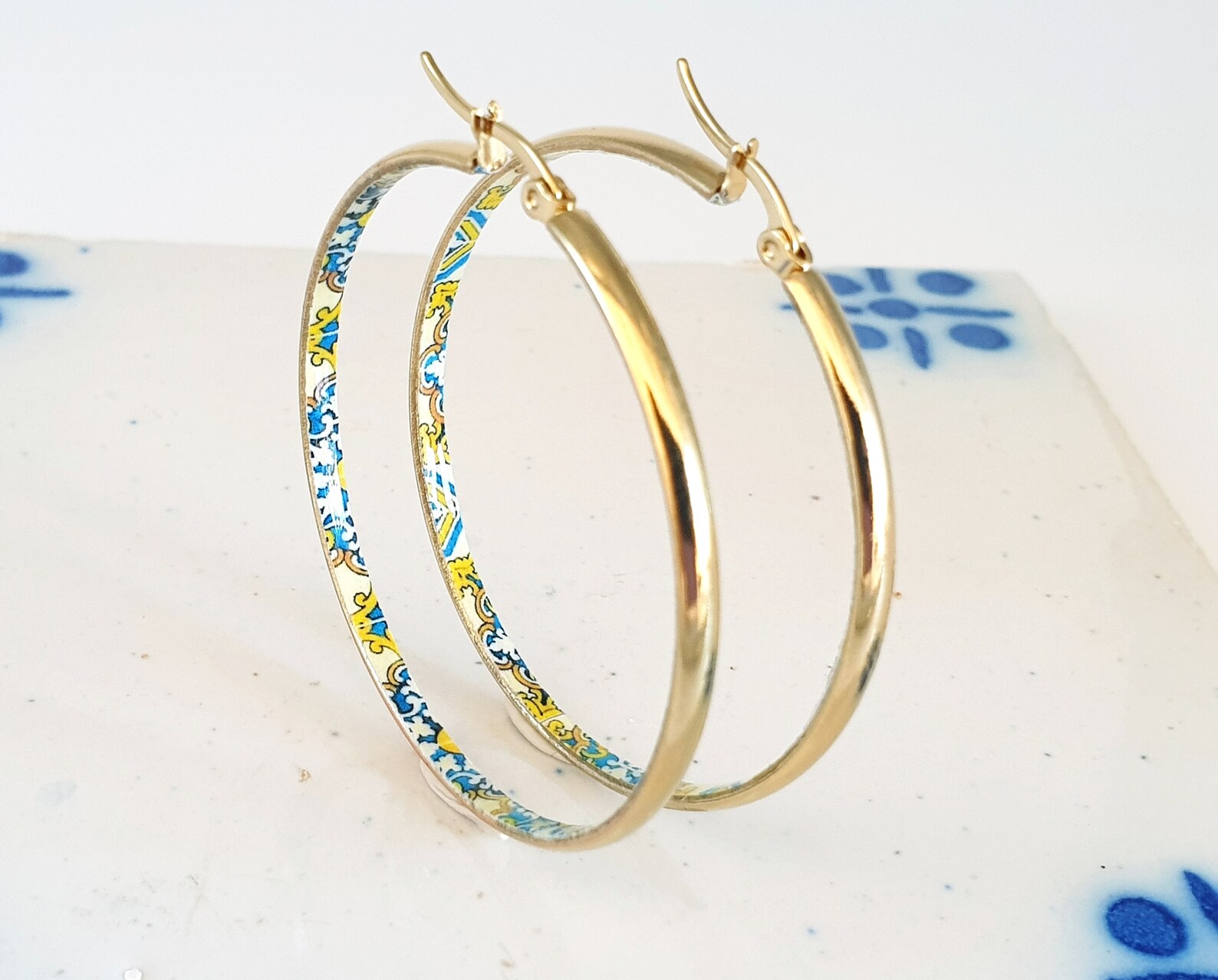 GOLD Flat HOOP Tile Earring Portugal Stainless STEEL Azulejo Delicate ...