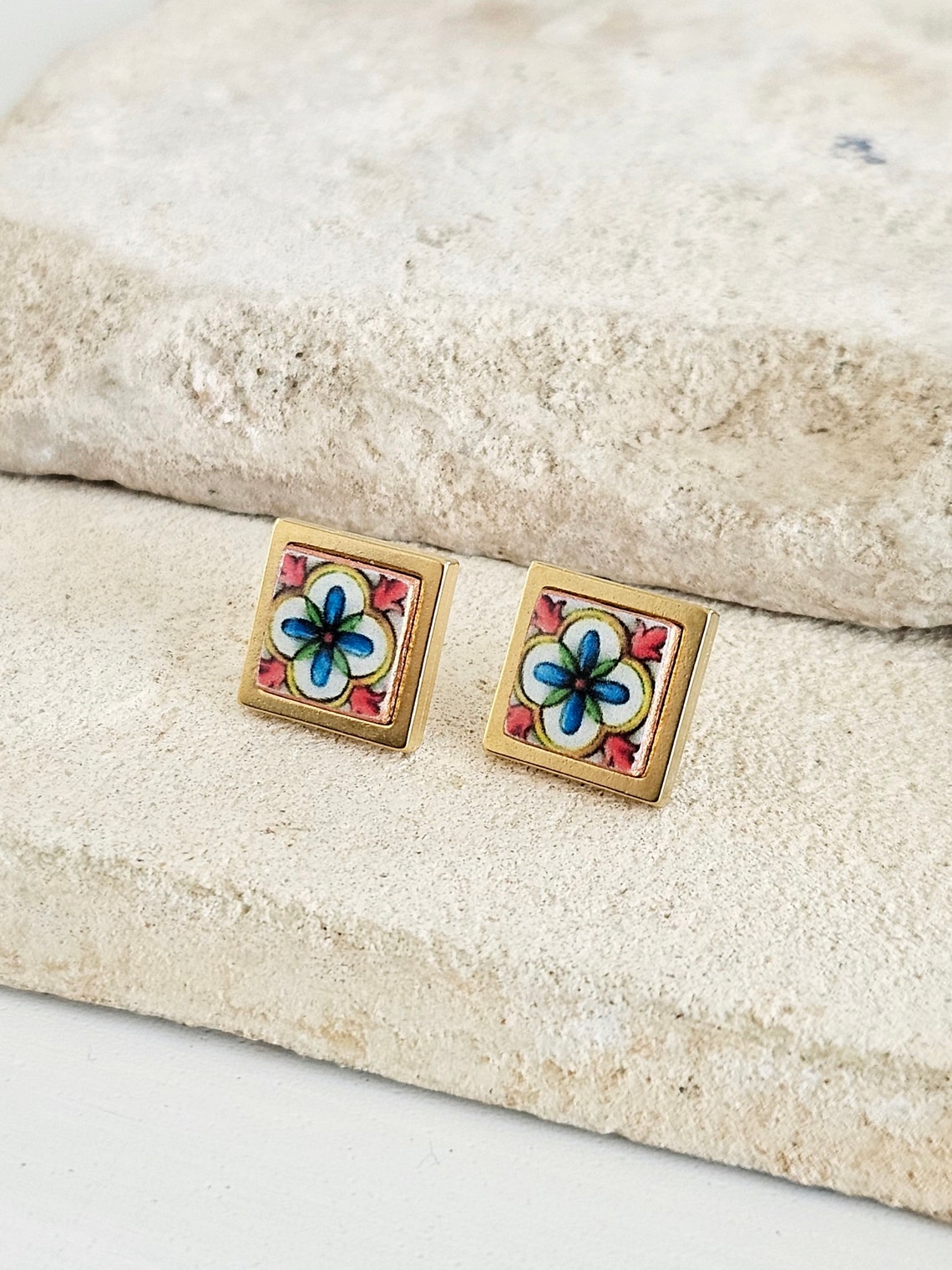 Gold Majolica Azulejo Earring Tile Stainless STEEL Stud Earring Square ...