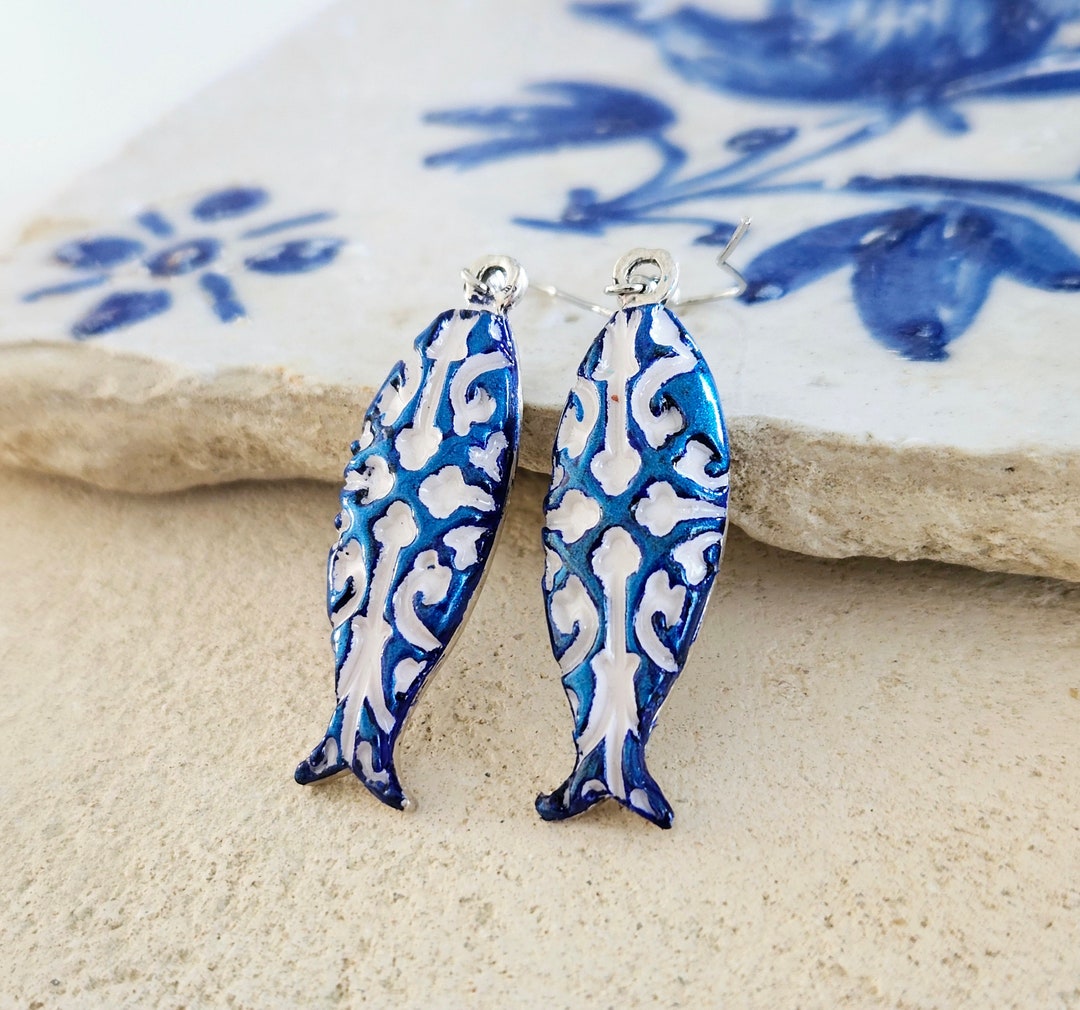Portuguese Sardine Earring Azulejo Earring Fish Blue White - Etsy