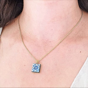 GOLD Jewelry Gift Set Tile Pendant Earring Portuguese Blue White ...