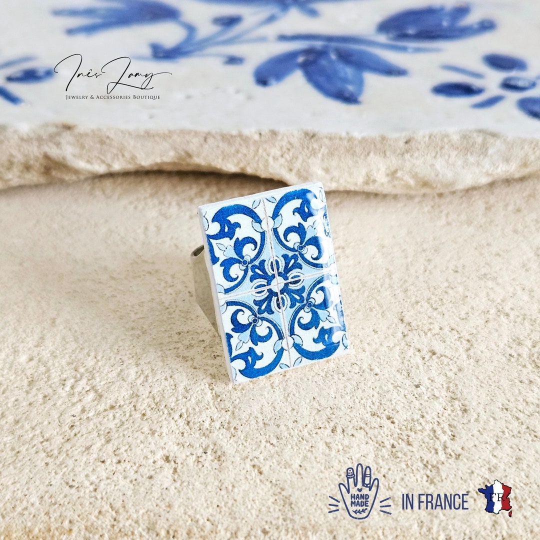 Rectangular Tile STEEL Ring Portuguese Blue White Tile Adjustable Ring ...