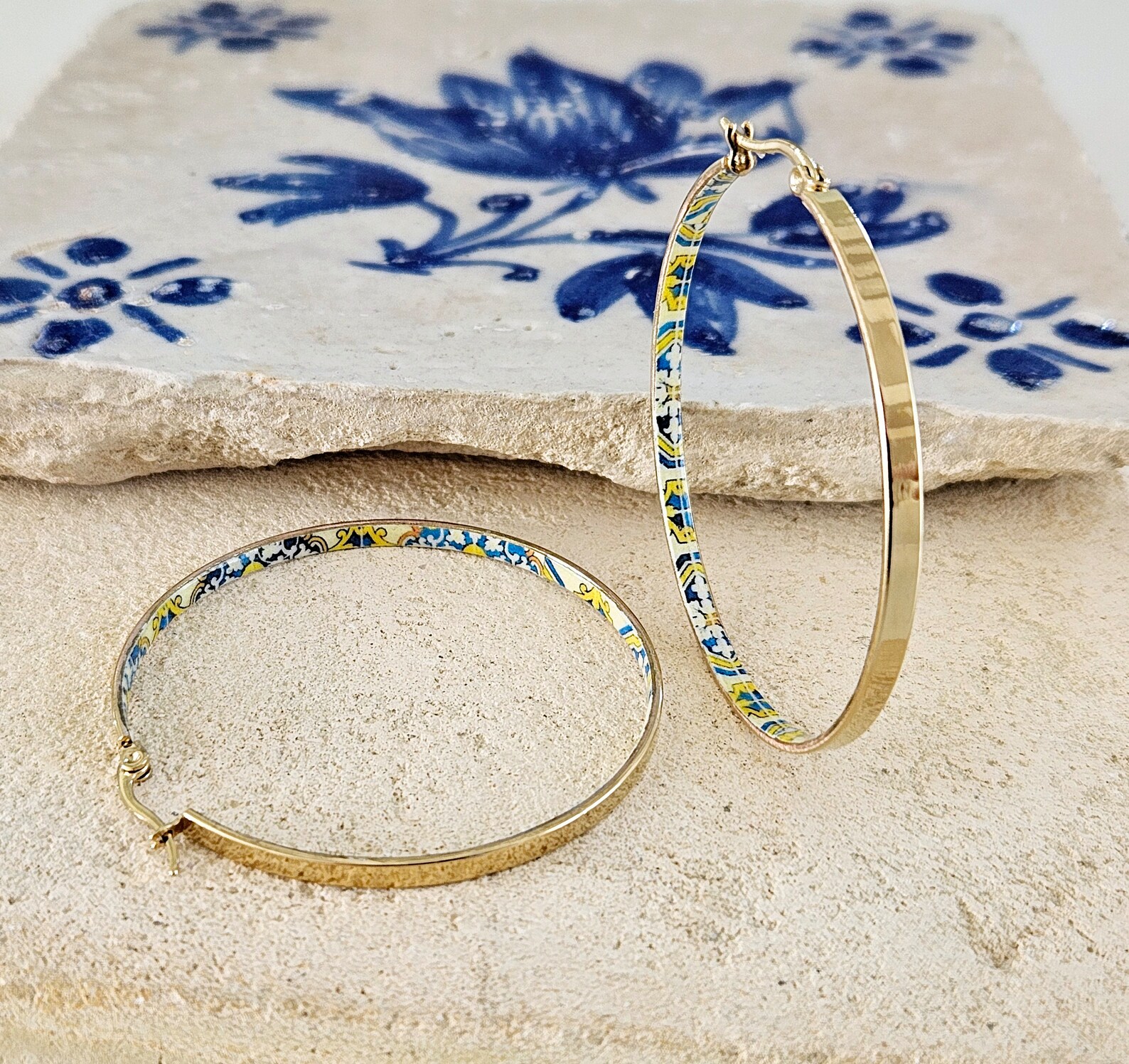 GOLD Flat HOOP Tile Earring Portugal Stainless STEEL Azulejo Delicate ...