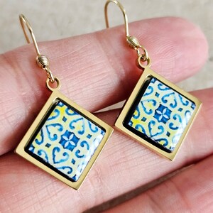 Diamond Shape GOLD Tile Earring Steel Dangle Earring Majolica Yellow ...