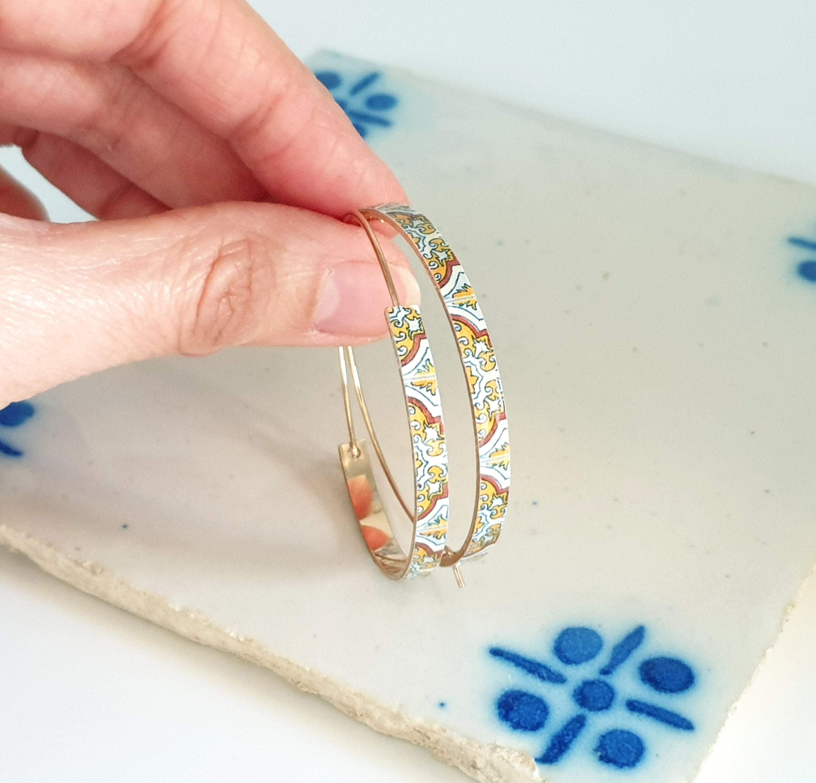 Gold Orange Red HOOP Tile Earring Portugal STAINLESS STEEL Azulejo ...