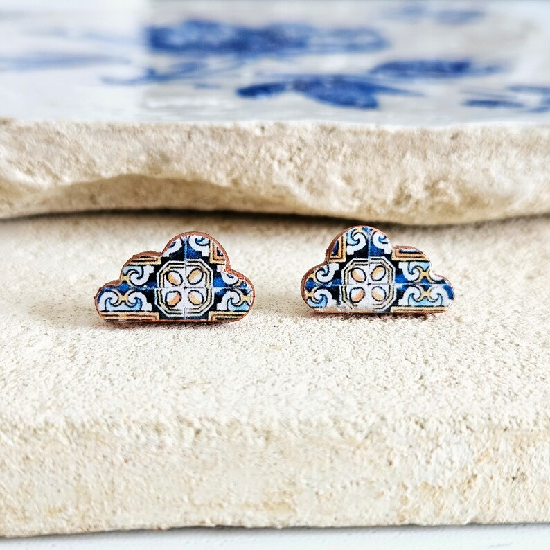 Cloud Tile Stud Earrings Portuguese Tile Earring Retro Vintage Tile ...