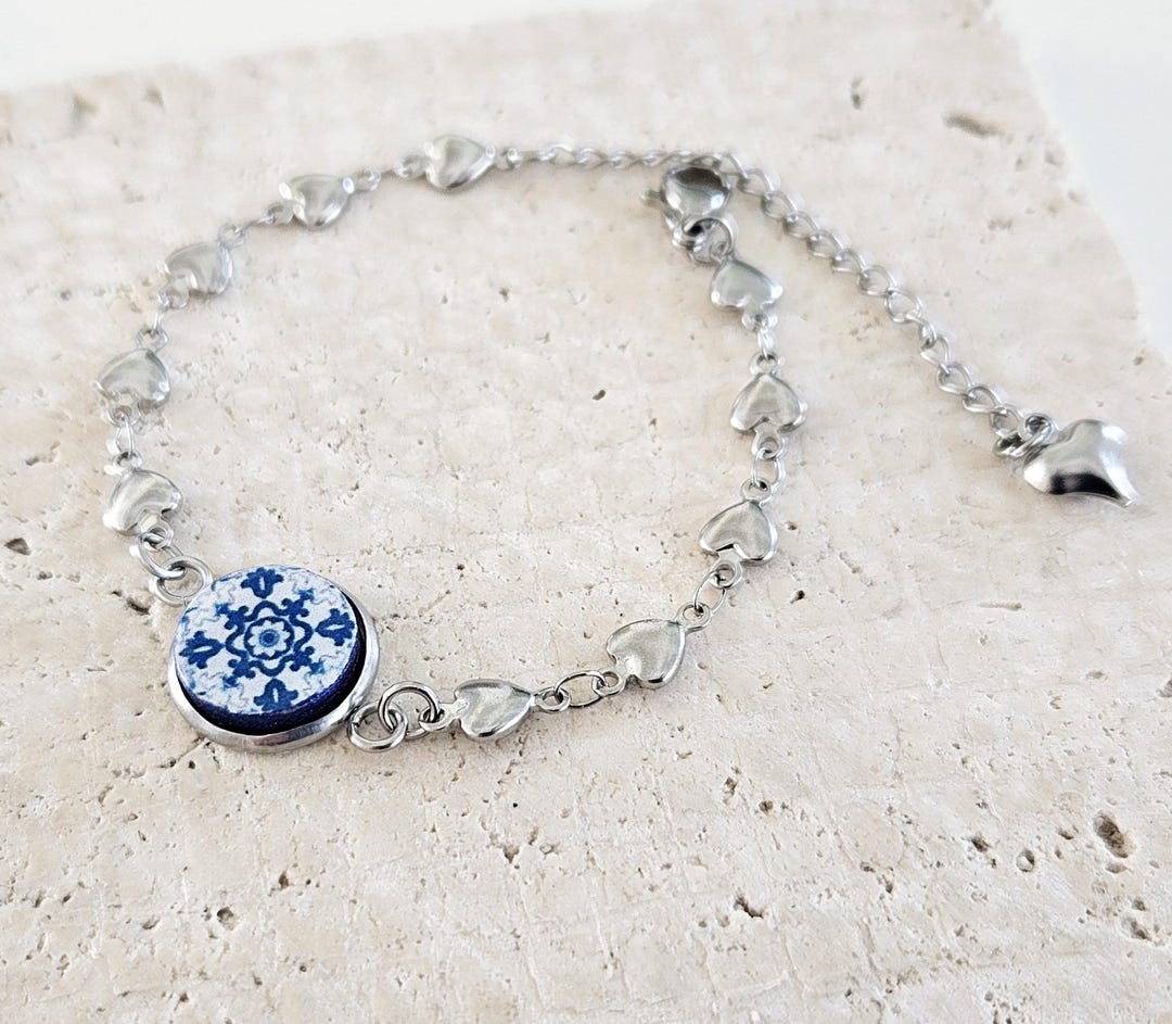 Portuguese Blue Tile Bracelet Round Tile Portugal Minimalist Tile Steel ...