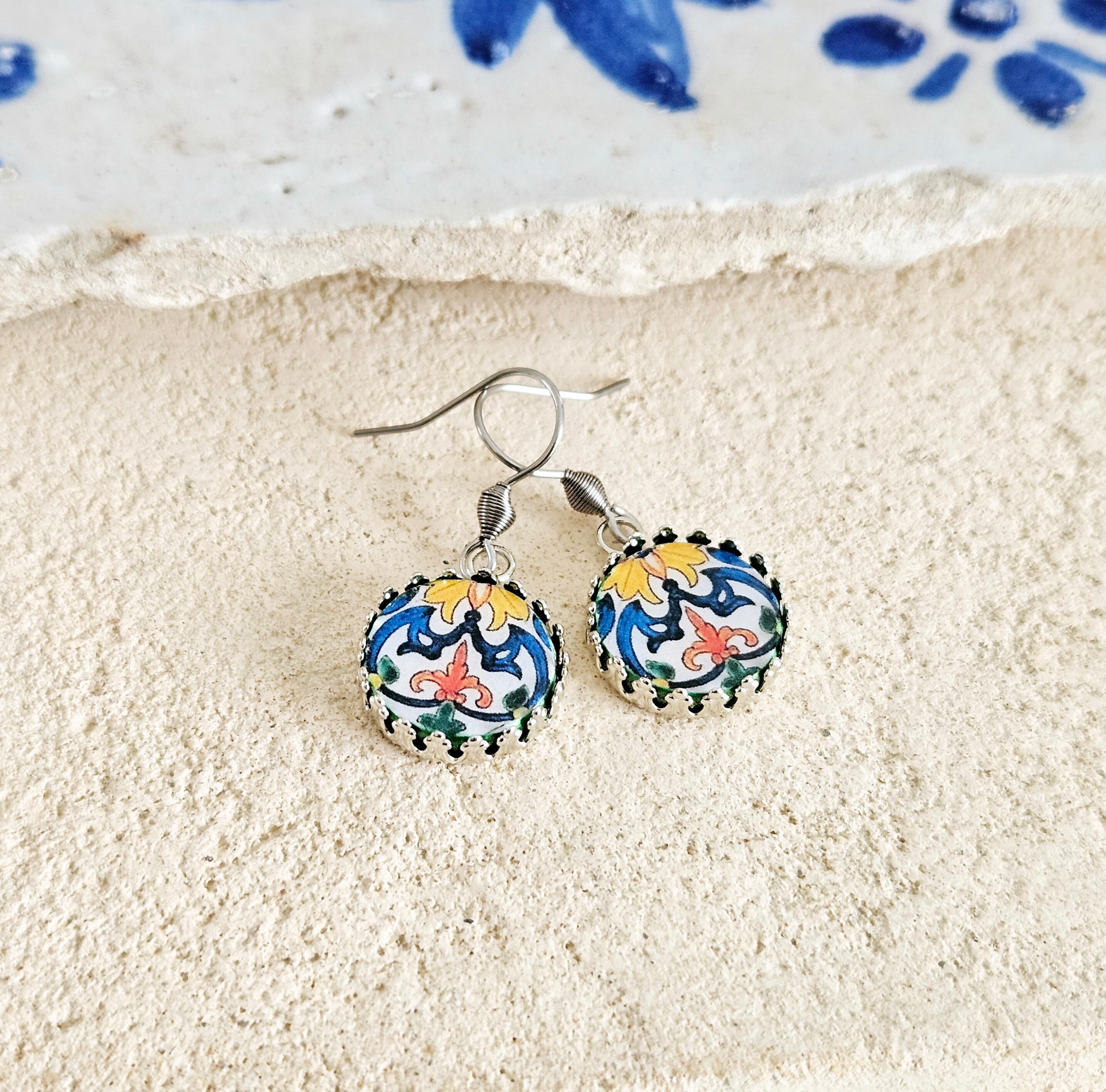 Coimbra Tile Round Earring Crown Steel Dangle Earring Majolica Tile ...