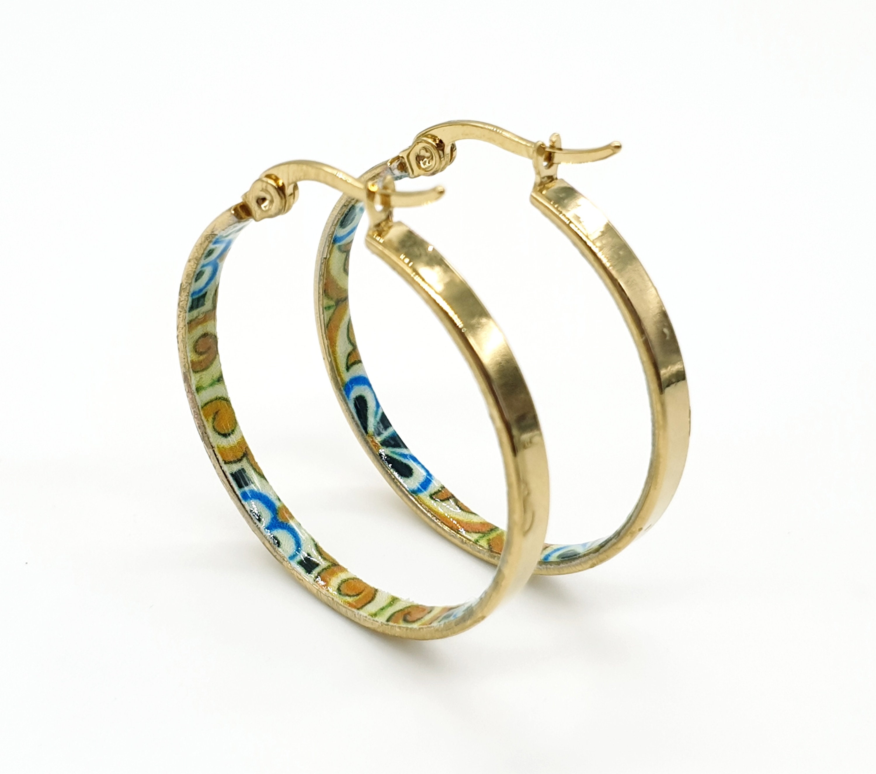 Gold HOOP Tile Earring Portugal STAINLESS STEEL Azulejo Dainty Gold ...