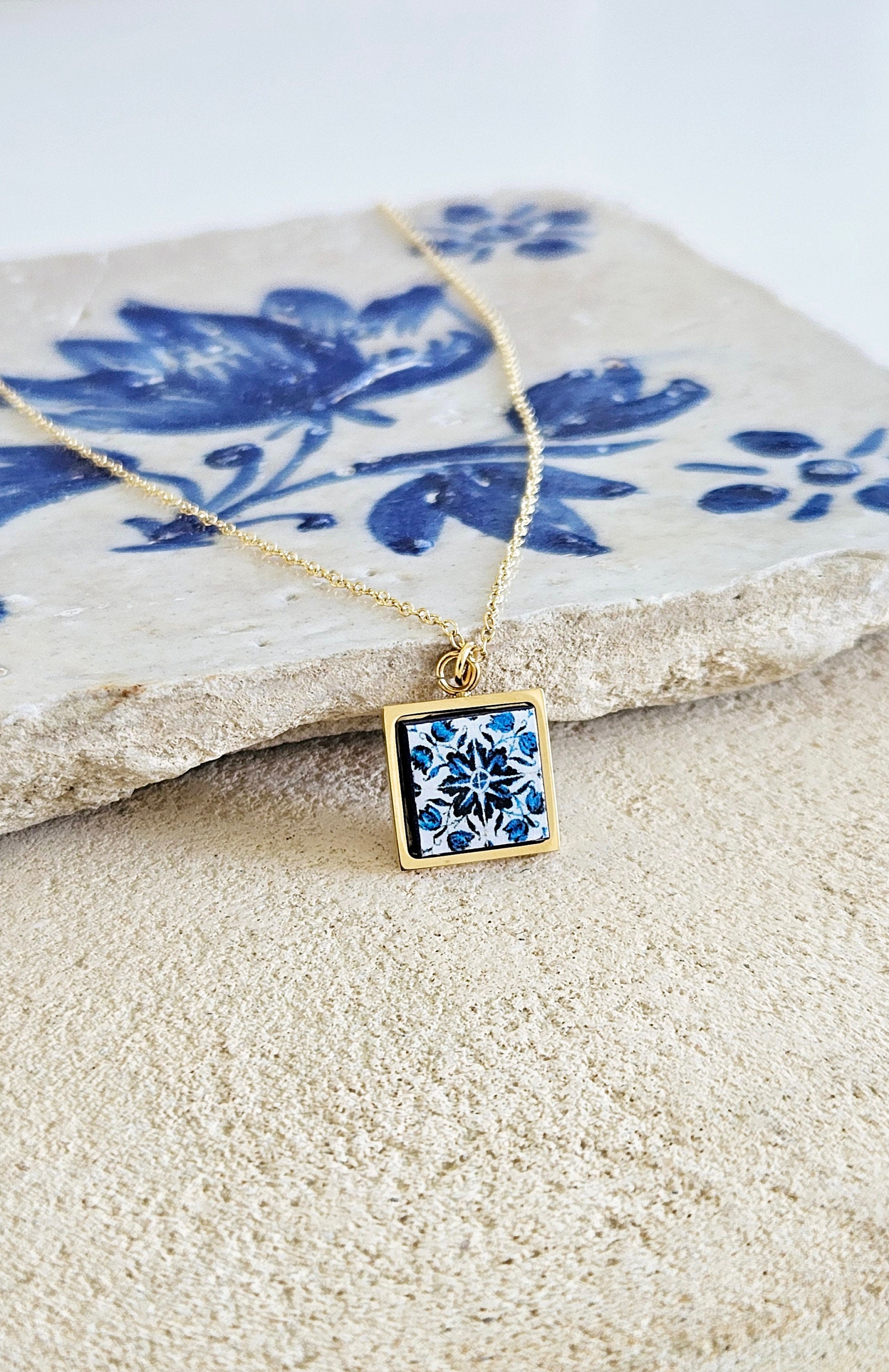 GOLD Porto Tile Charm Necklace Portuguese Blue White Tile Azulejo Gold ...