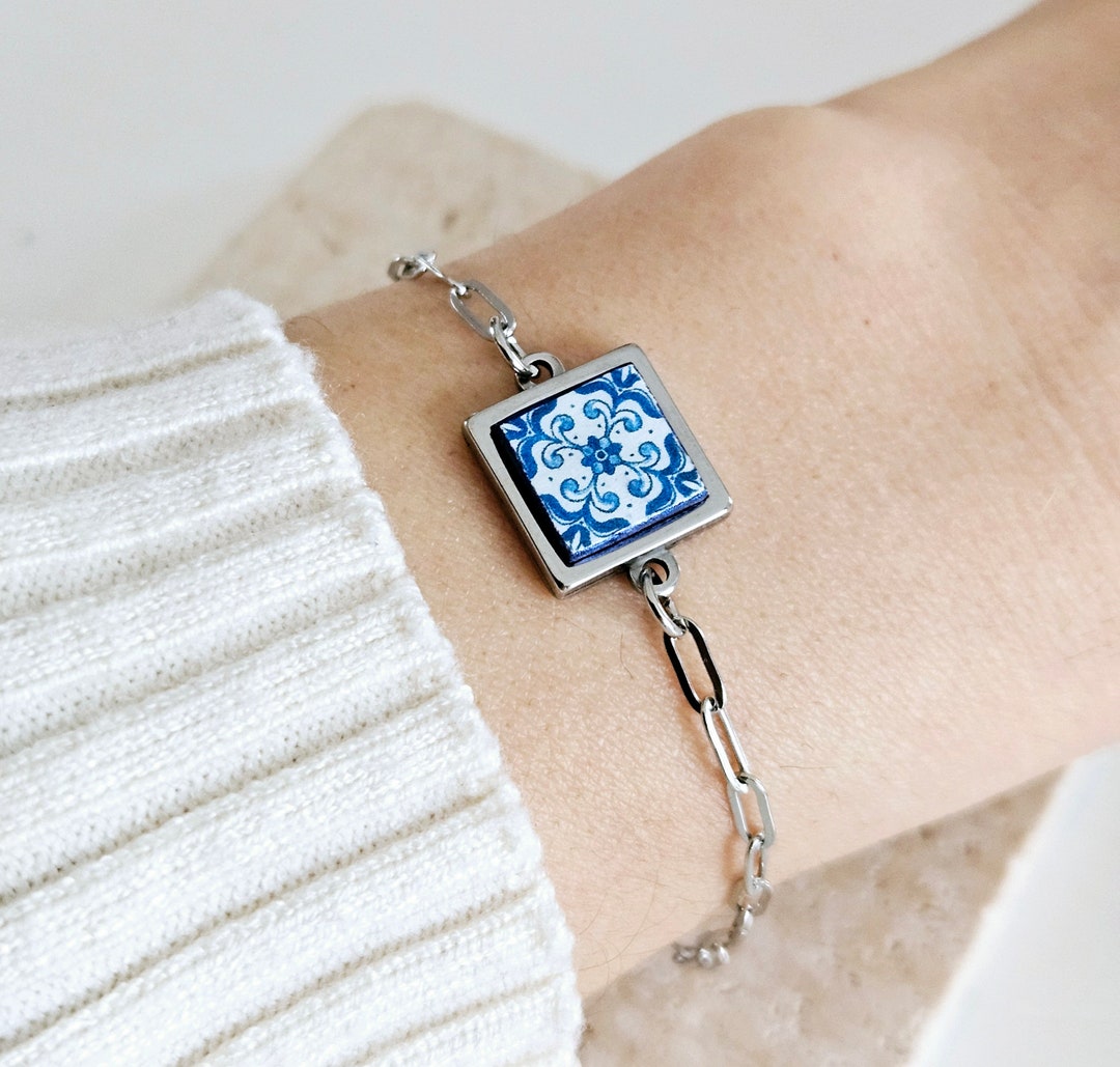 Portugal Blue Tile Charm PAPERCLIP Bracelet Small Square Azulejo Silver ...