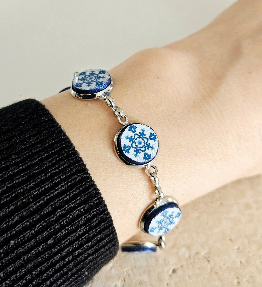 Portugal Antique Majolica Delft Blue Tile Silver STEEL Bracelet Small ...