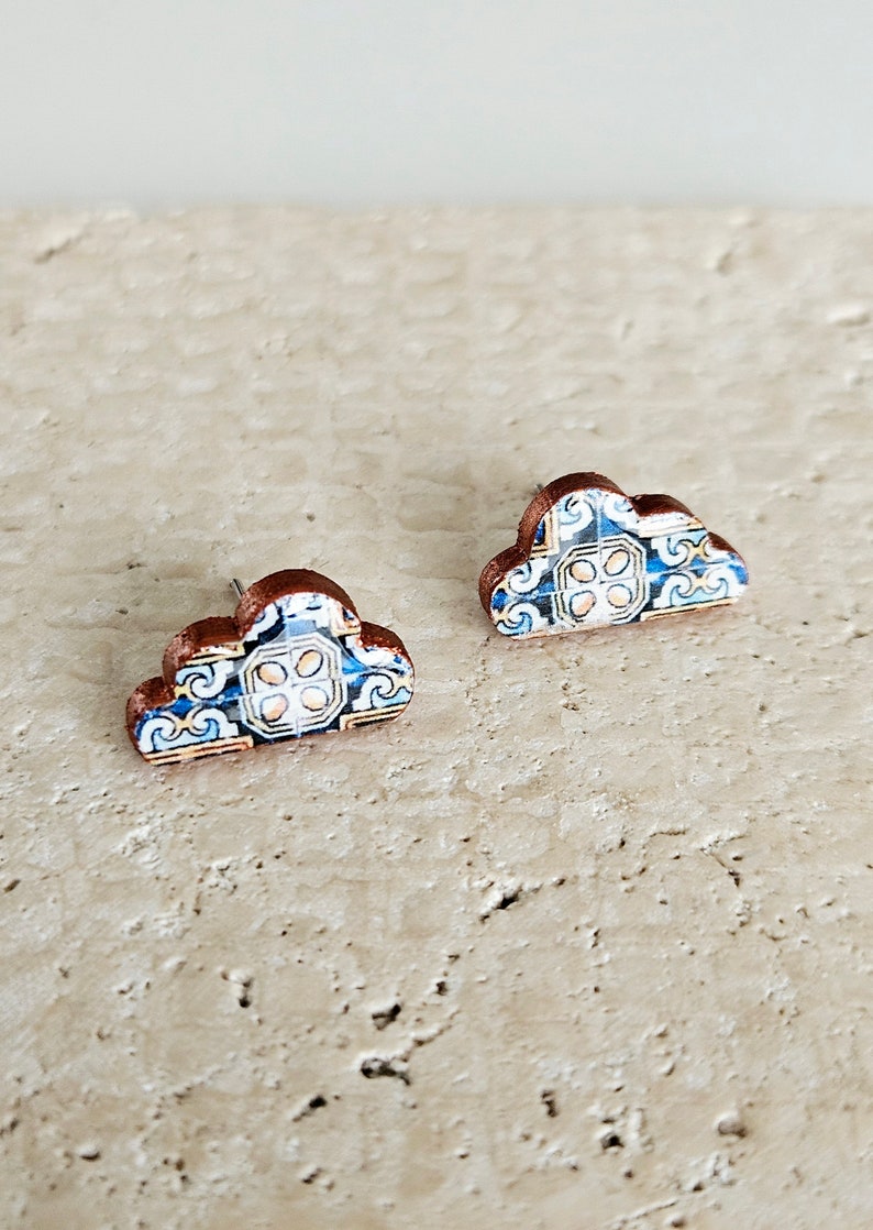 Cloud Tile Stud Earrings Portuguese Tile Earring Retro Vintage Tile ...