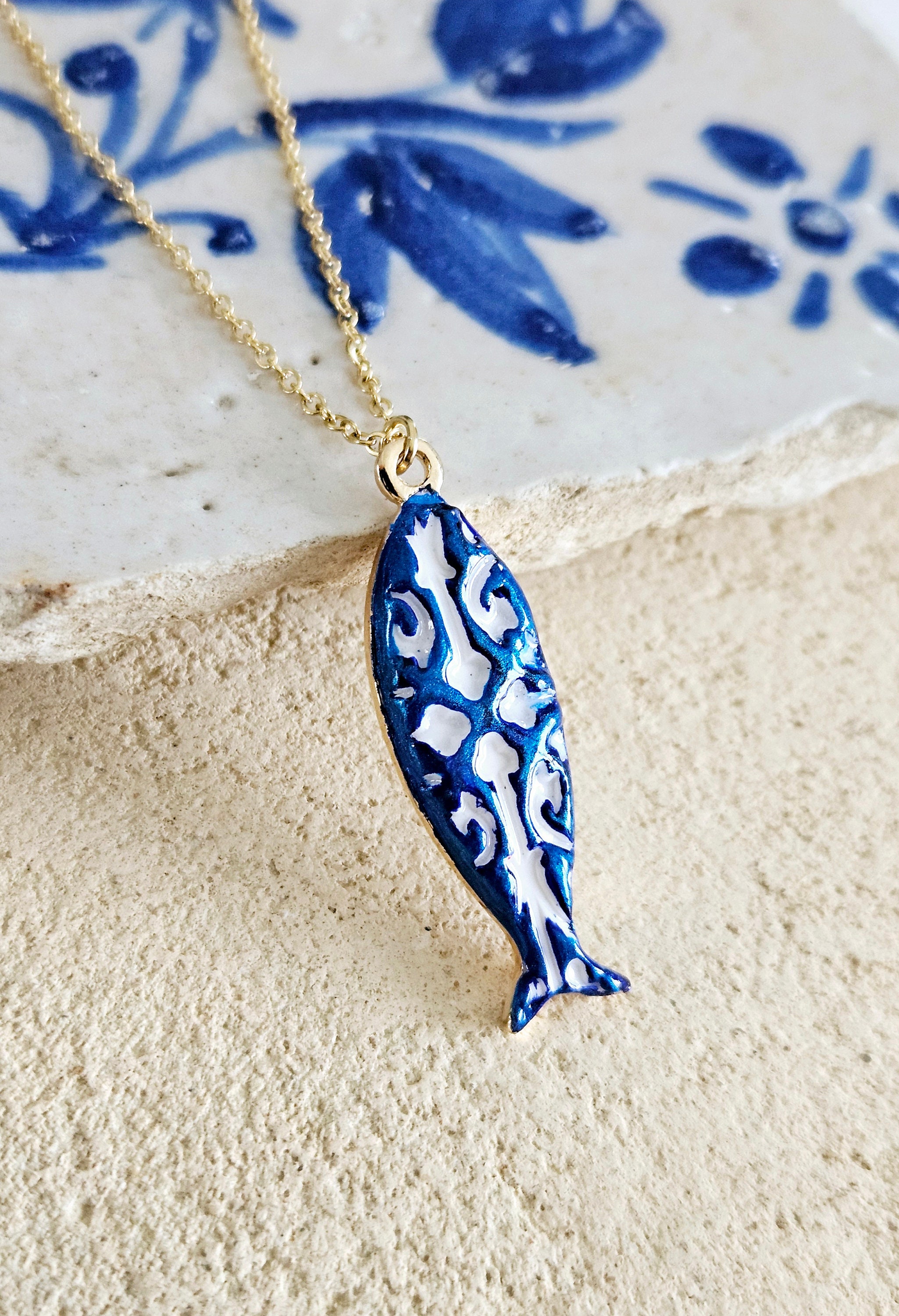 Portuguese Sardine Necklace Azulejo Fish Blue White Sardine Pendant ...