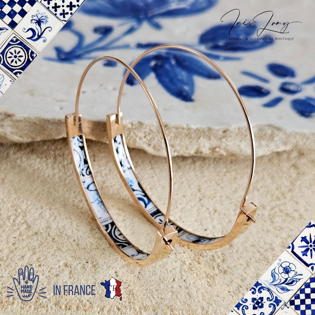 Blue Mixed Tile ROSE GOLD HOOP Earring Portugal Lightweight Steel ...