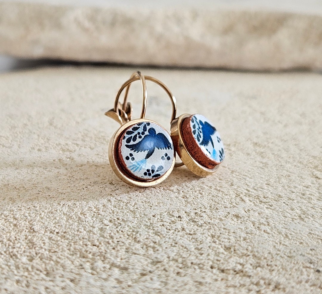 Mexican Blue Dove Tile Earrings Talavera Rose Gold STEEL Blue Drop ...