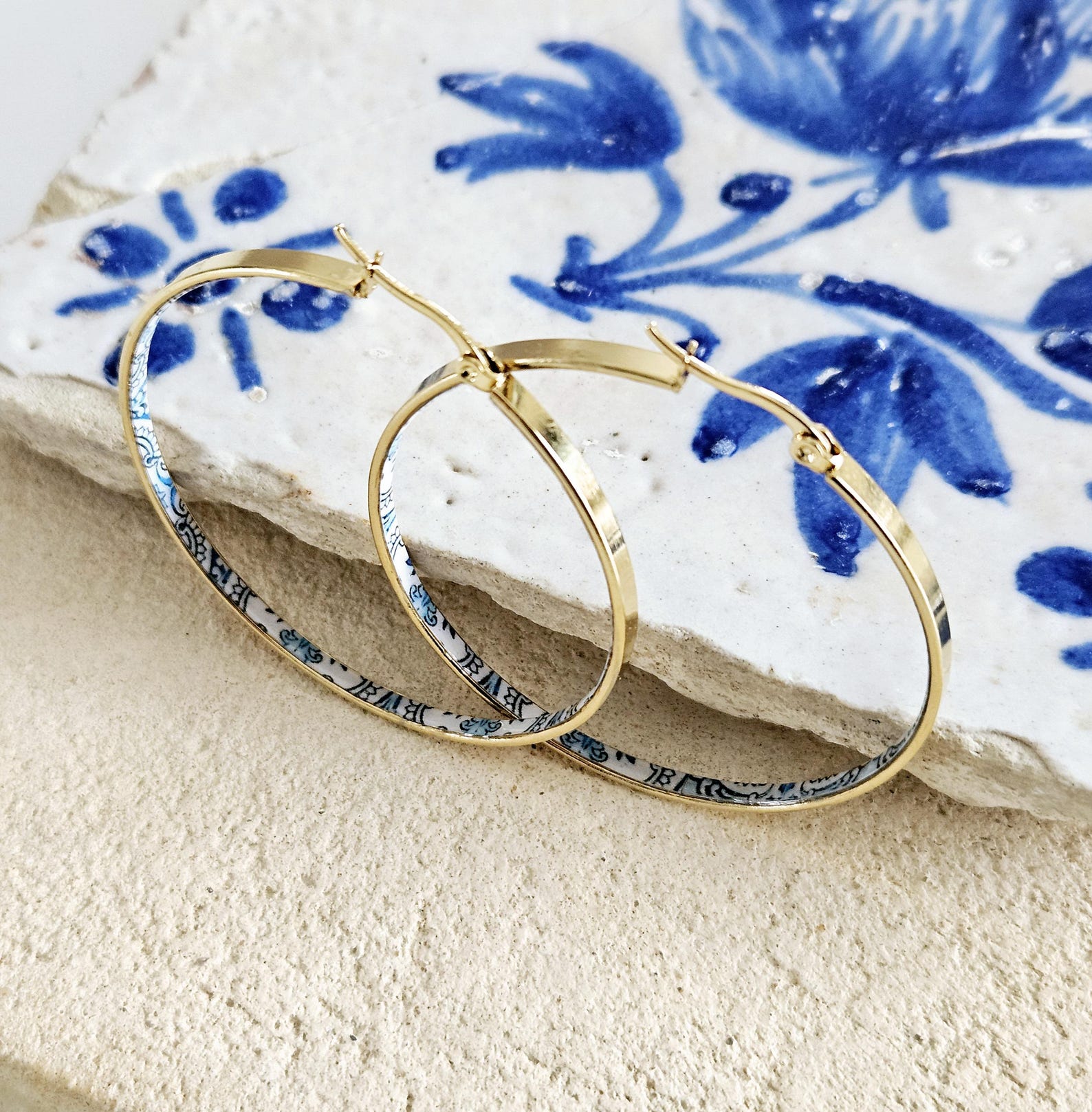 GOLD Flat HOOP Tile Earring Portugal Stainless STEEL Azulejo Delicate ...