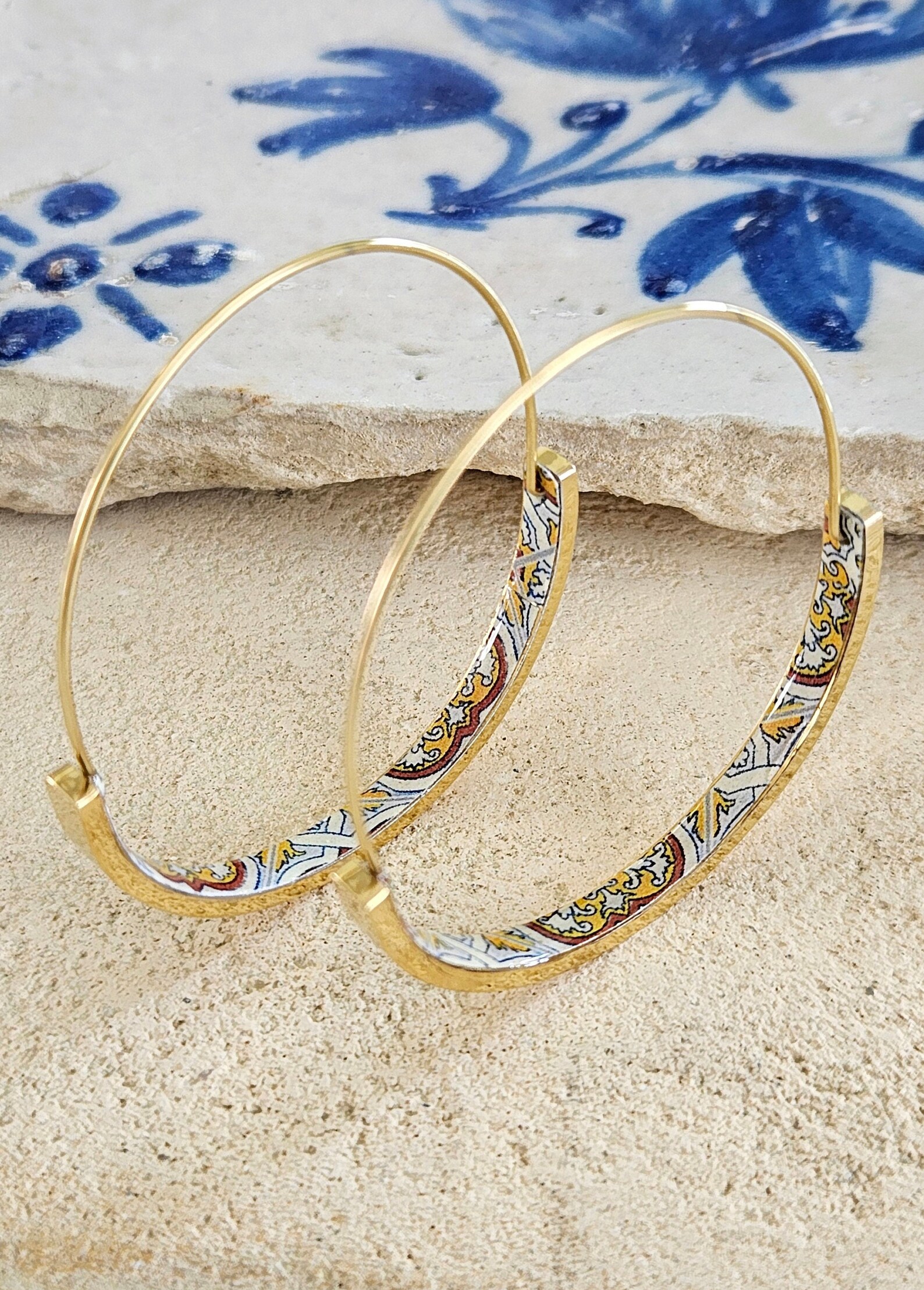 Gold Orange Red HOOP Tile Earring Portugal STAINLESS STEEL Azulejo ...