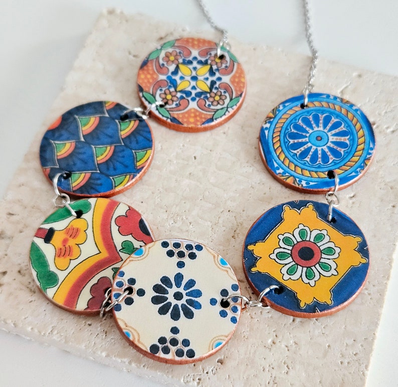 Mexican Round Tiles Necklace Mexico Talavera Statement Jewelry Bohemian ...