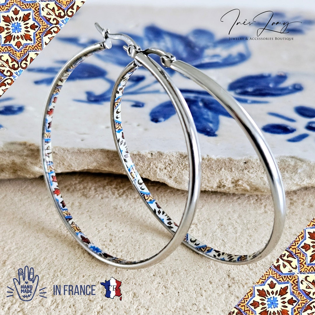 Brown Blue Flat HOOP Tile Earring Portugal Silver STEEL Azulejo ...