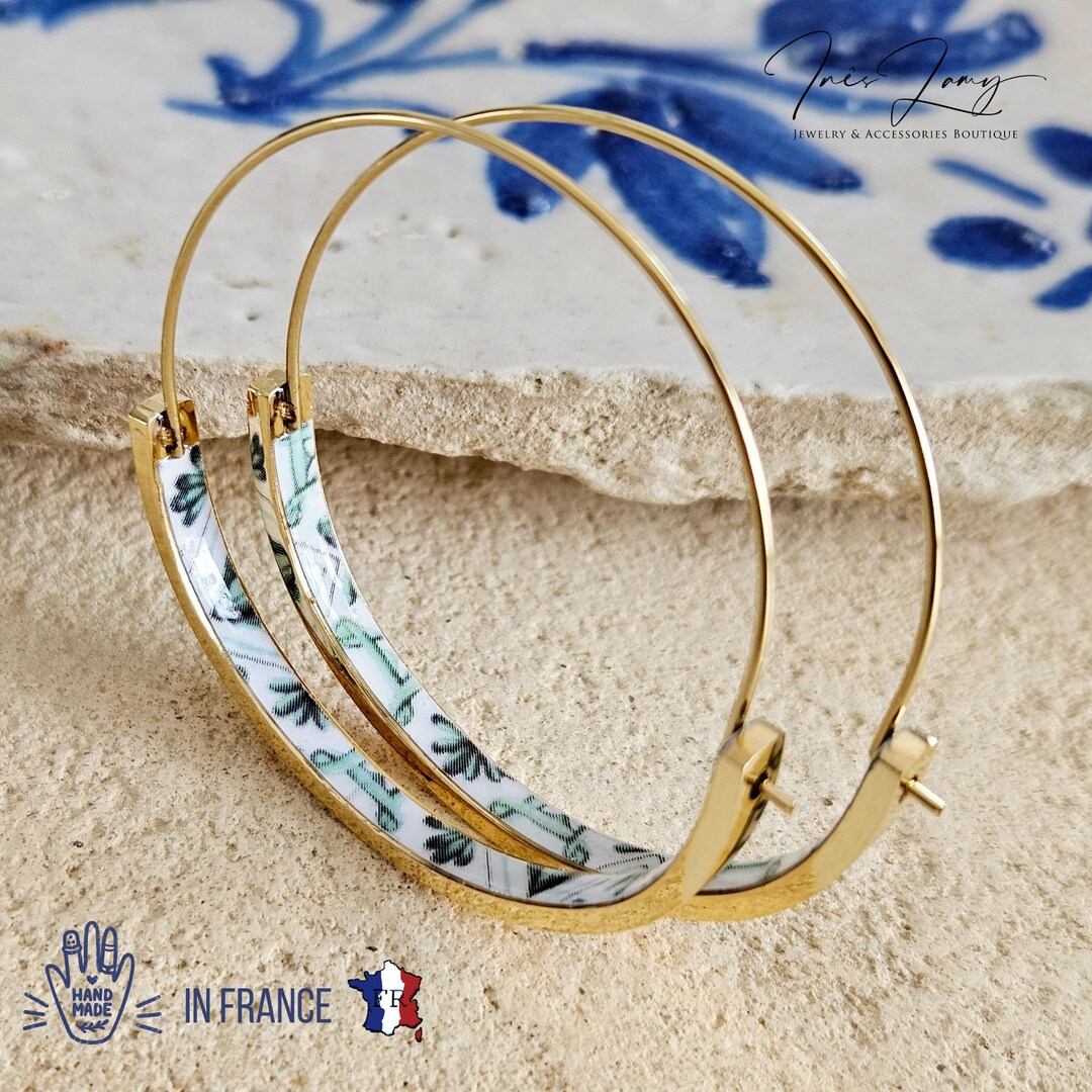 Green GOLD HOOP Tile Earring Portugal Lightweight STEEL Azulejo Rose ...