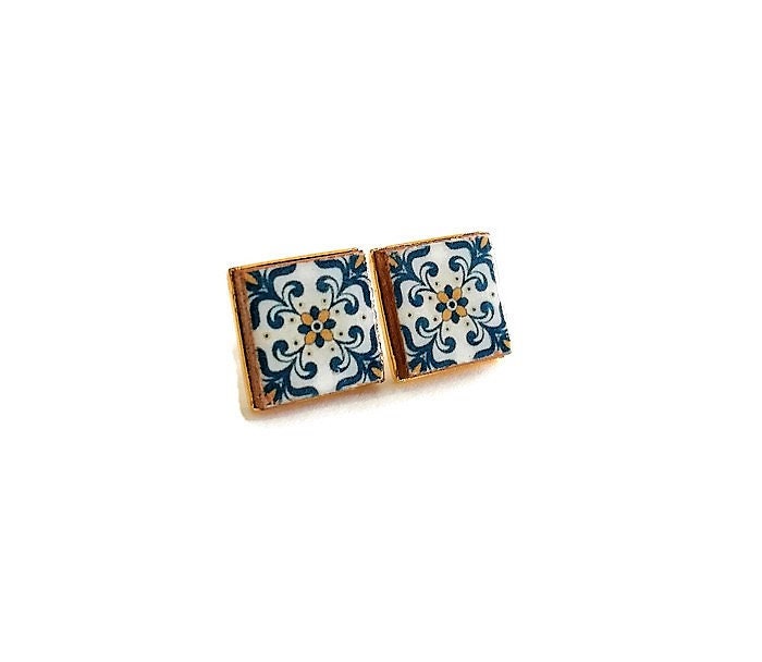 Portugal Antique Tile Stud Earrings Small Square Tiles Studs | Etsy