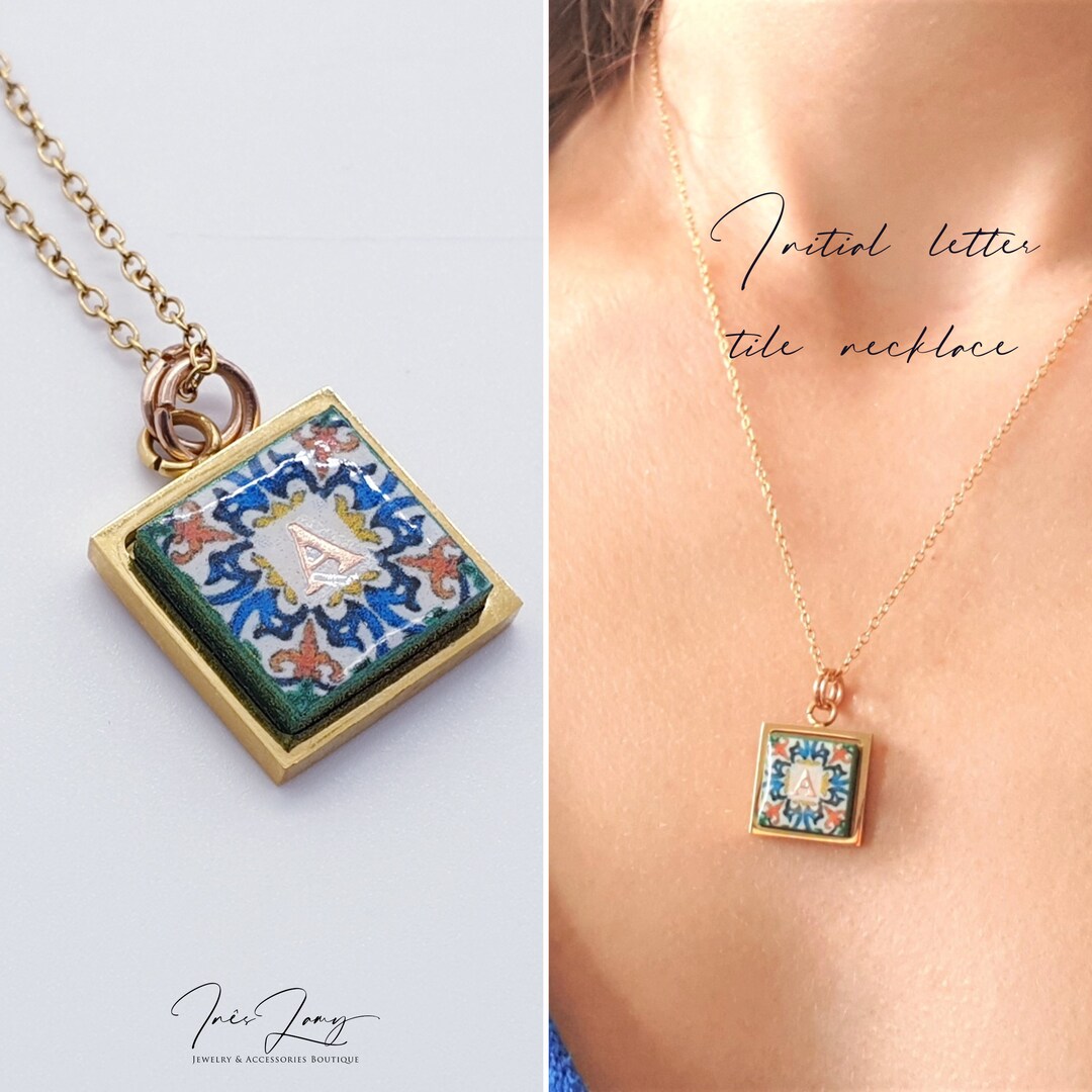 Initial Tile STEEL Necklace Silver Gold Rose Gold Mom Gift Custom ...