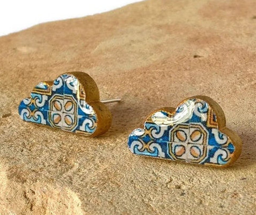 Cloud Tile Earrings Portuguese Tiles Studs Small Cloud Studs - Etsy