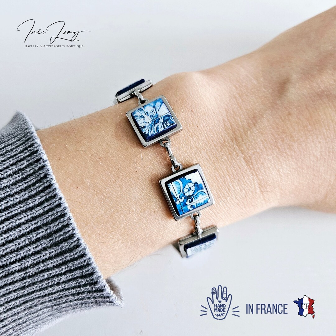 Portugal Antique Majolica Tile Silver STEEL Bracelet Small Square ...