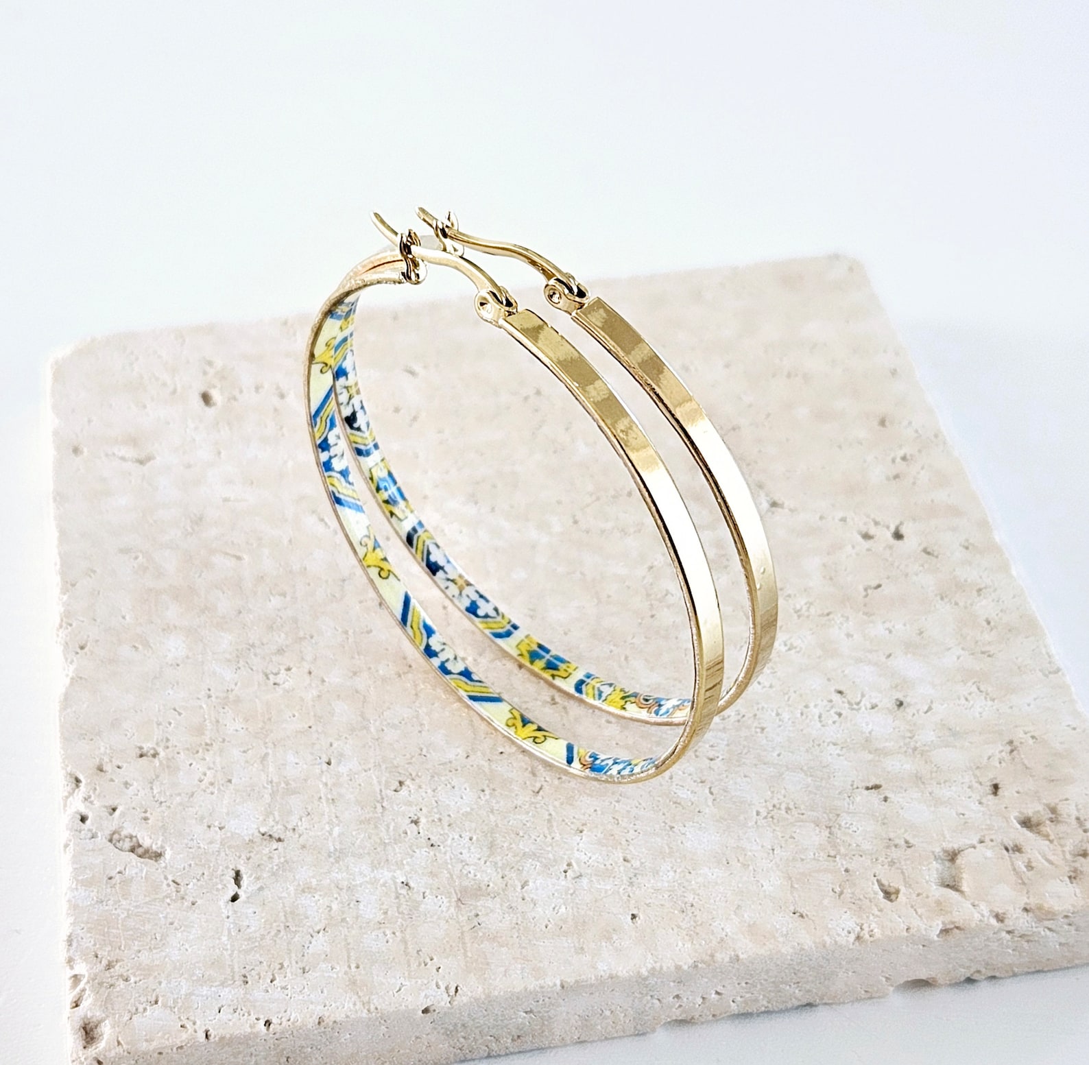 GOLD Flat HOOP Tile Earring Portugal Stainless STEEL Azulejo Delicate ...