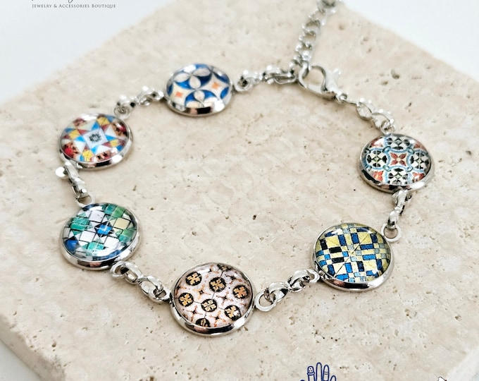 Bangles Bracelets STAINLESS Steel Set Portugal Tile Border Blue Azulejo ...