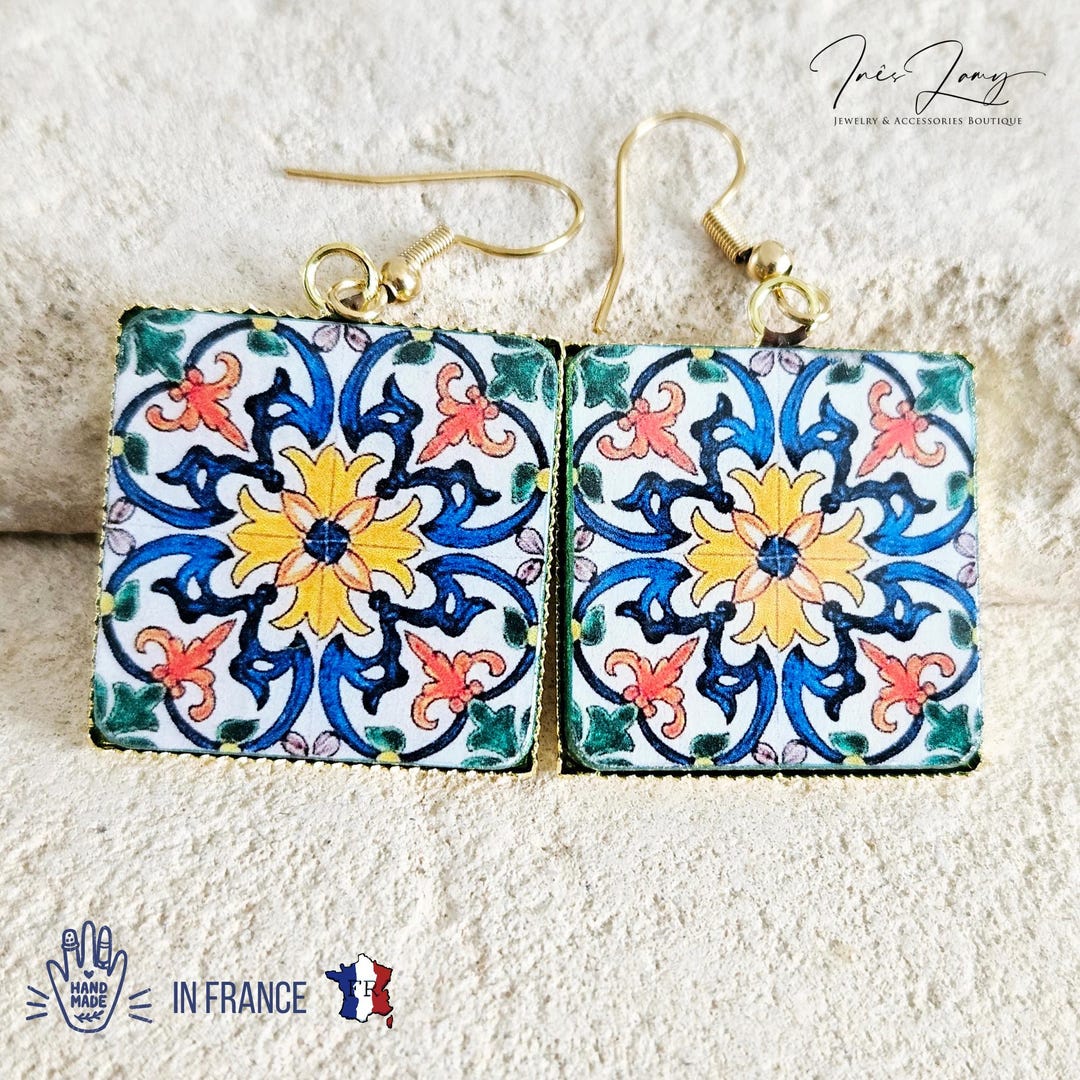 Antique 18th Century Majolica Tile Earring Square Portugal Azulejo Drop ...