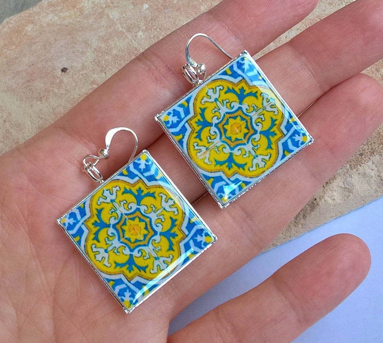 Portuguese Antique Tile Earrings Yellow Tile Earrings - Etsy