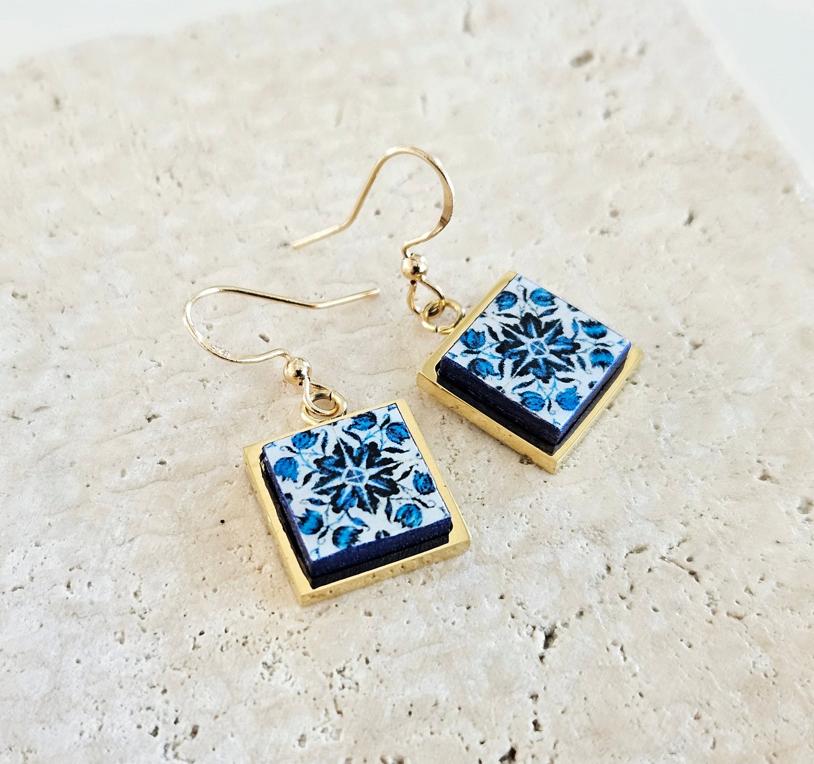 Porto Small Tile GOLD Earring Portuguese Blue White Tile Earring ...