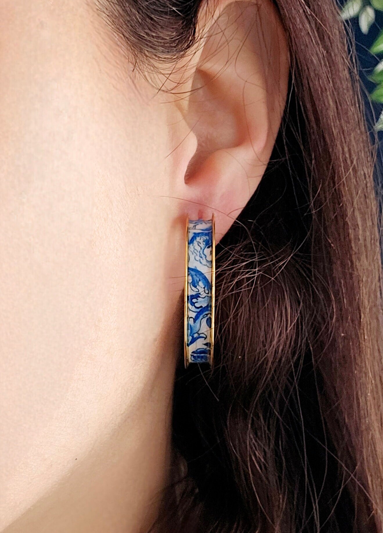 Blue Gold HOOP Tile Earring Portugal Azulejo STEEL Flat Large Hoop ...