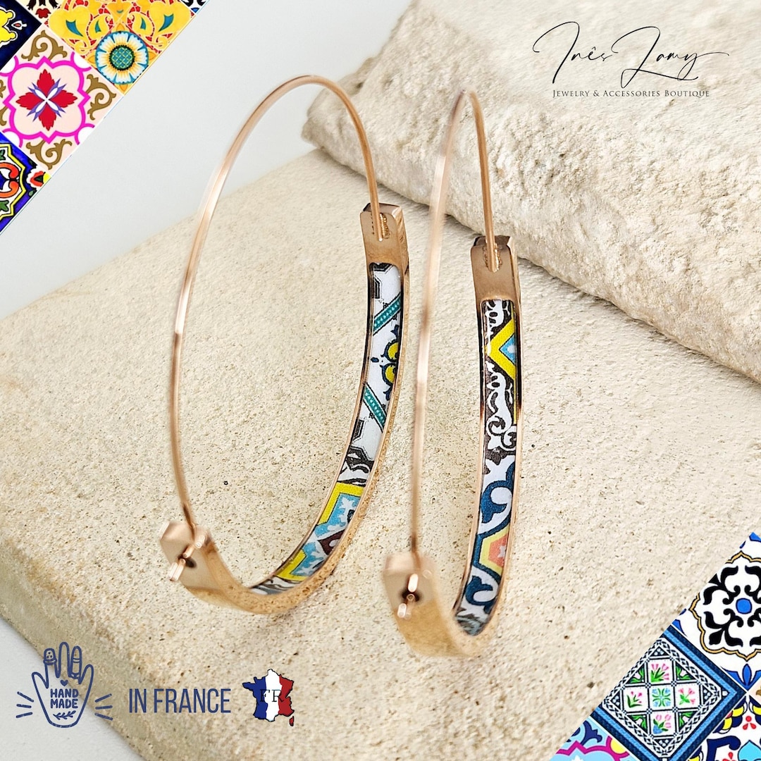 Mixed Portuguese Tile GOLD HOOP Earring Portugal Lightweight Steel ...