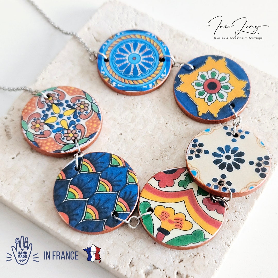 Mexican Round Tiles Necklace Mexico Talavera Statement Jewelry Bohemian ...