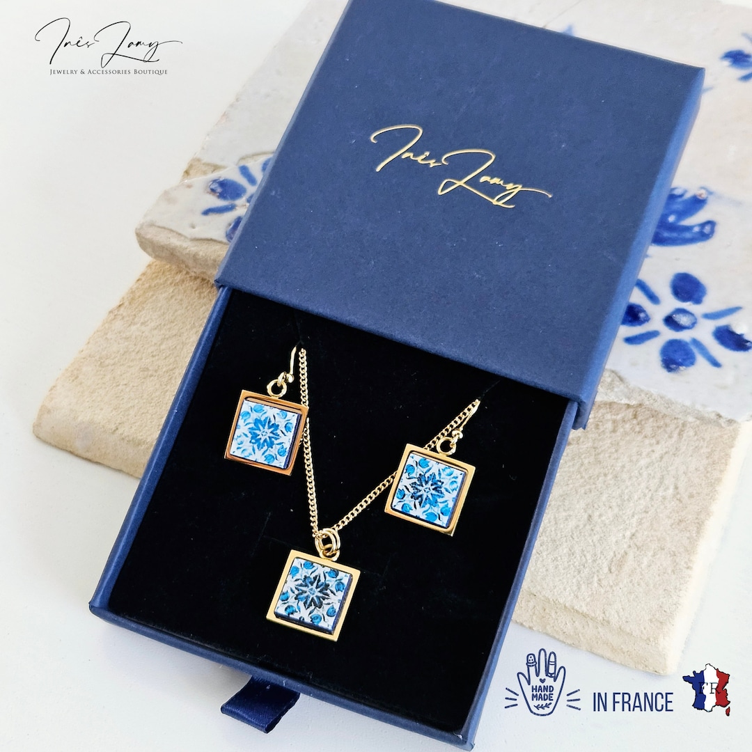 GOLD Jewelry Gift Set Tile Pendant Earring Portuguese Blue White ...