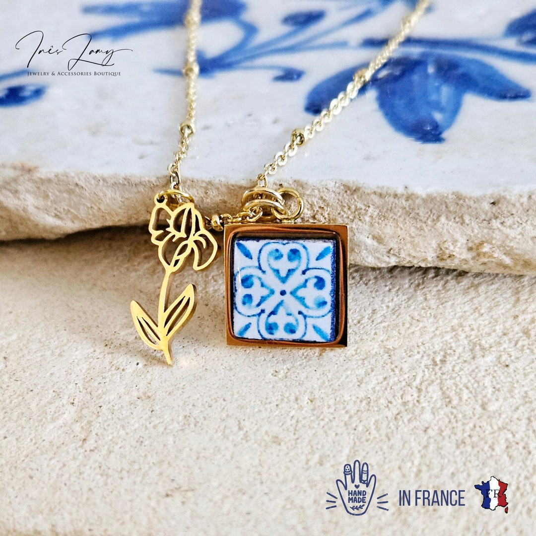 Flower Birth Necklace Portugal Tile Charm Pendant GOLD STEEL Custom ...
