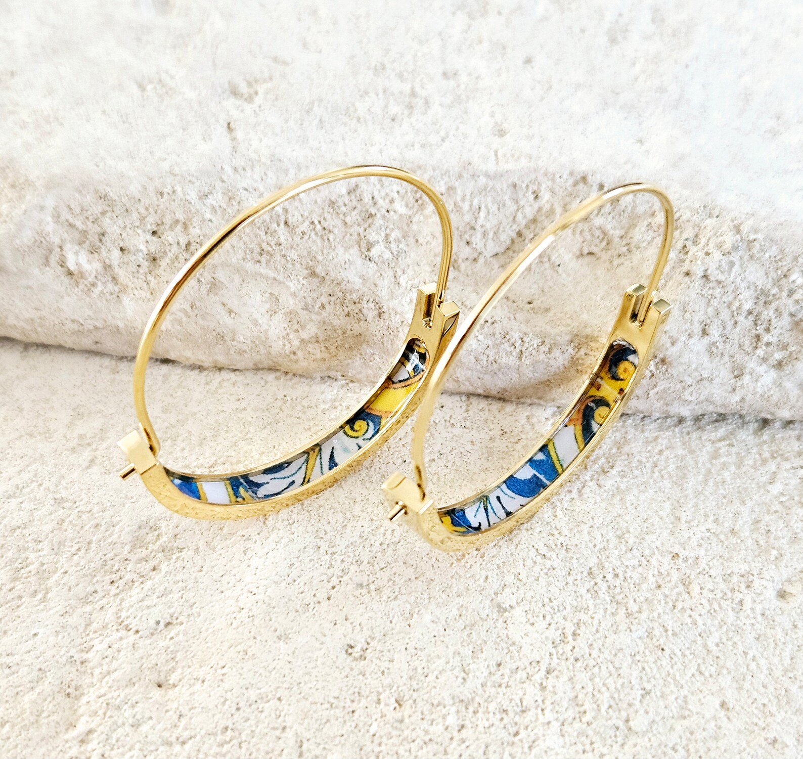 Antique Portugal Tile 1.2'' GOLD HOOP Earrings Lightweight STEEL ...