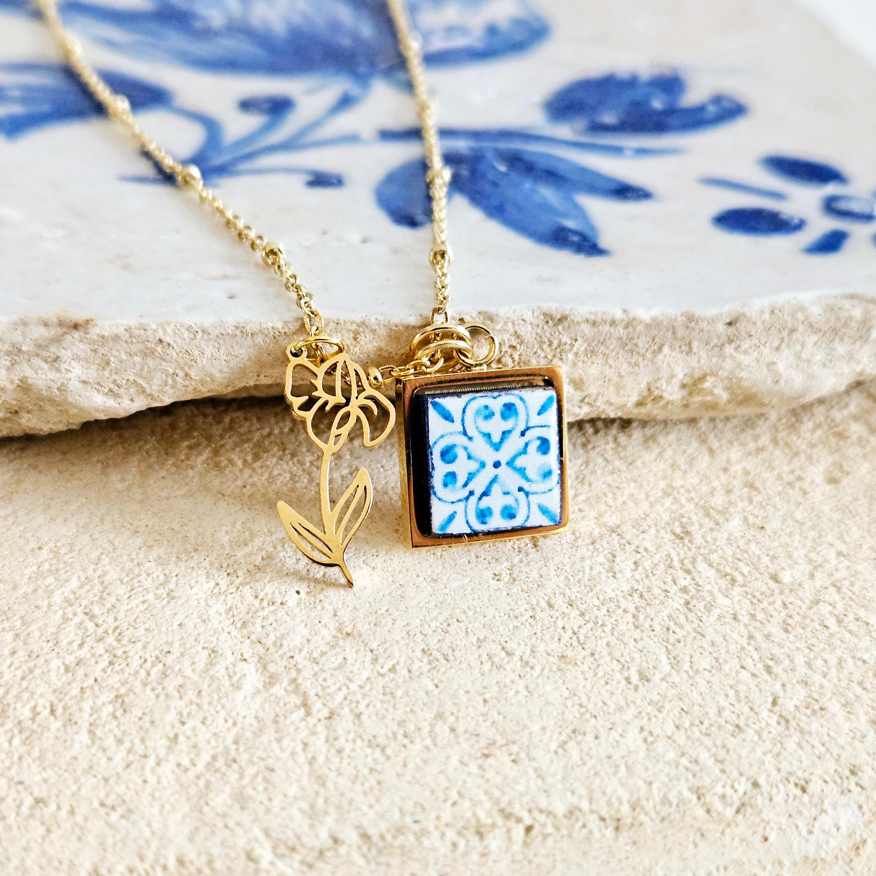 Flower Birth Necklace Portugal Tile Charm Pendant GOLD STEEL Custom ...