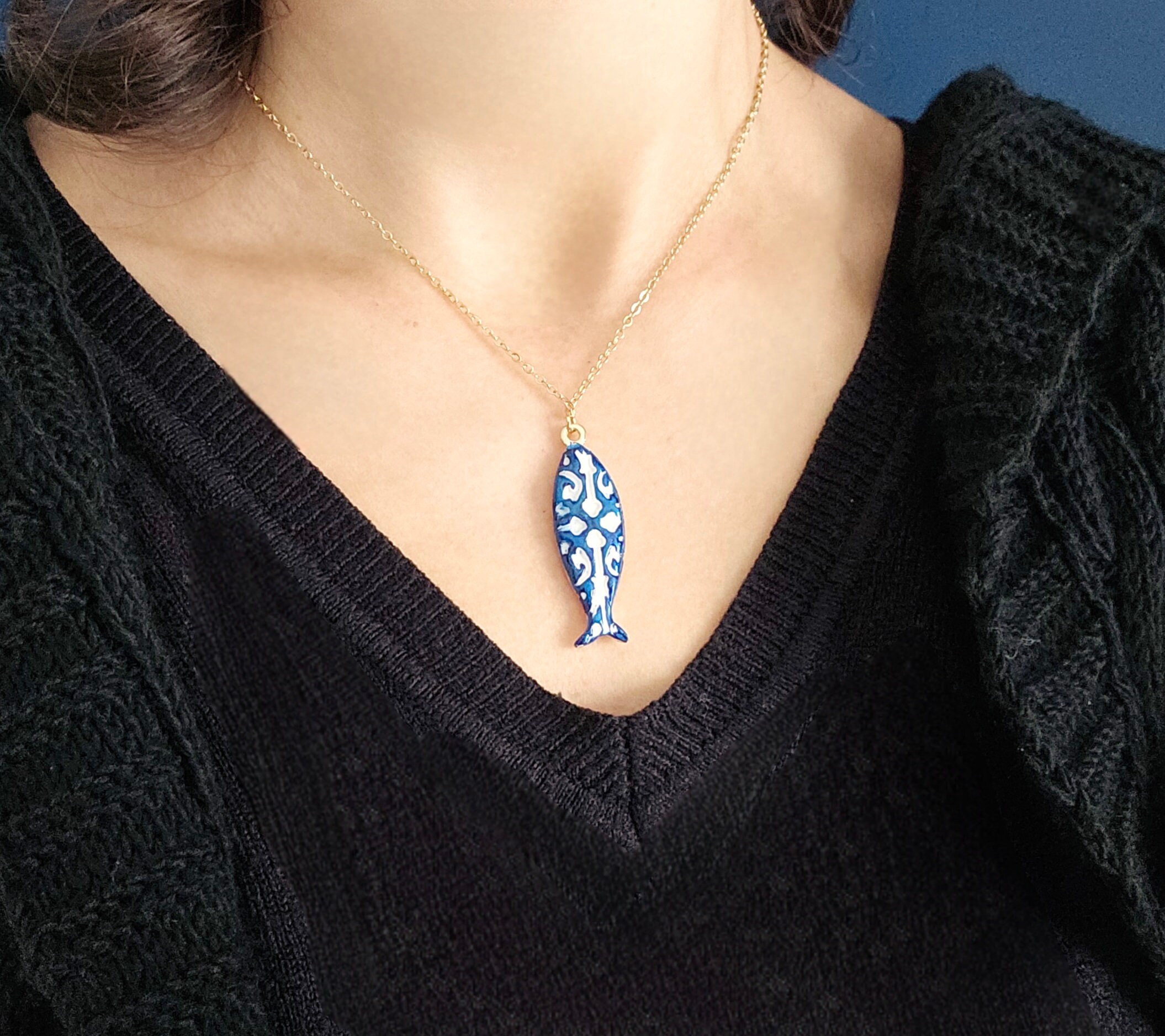 Portuguese Sardine Necklace Azulejo Fish Blue White Sardine Pendant ...