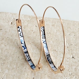 Blue Mixed Tile ROSE GOLD HOOP Earring Portugal Lightweight Steel ...