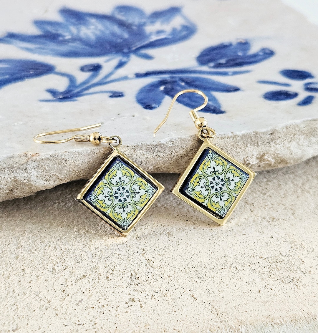 Yellow Portuguese Tile Earring Diamond Drop Shape Earring Azulejo GOLD ...