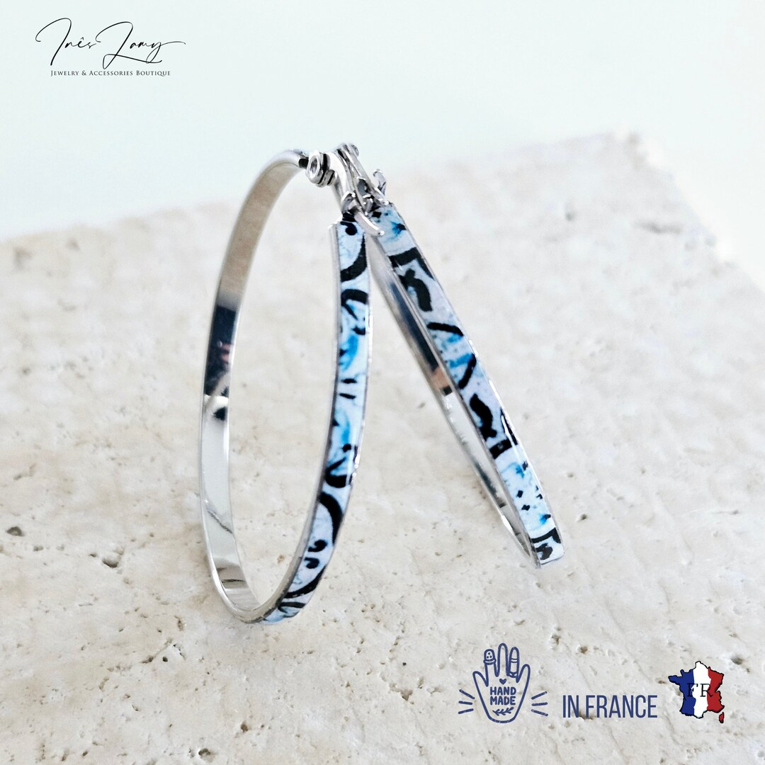 Dark BLUE HOOP Tile Earring Blue Portugal Stainless STEEL Azulejo ...