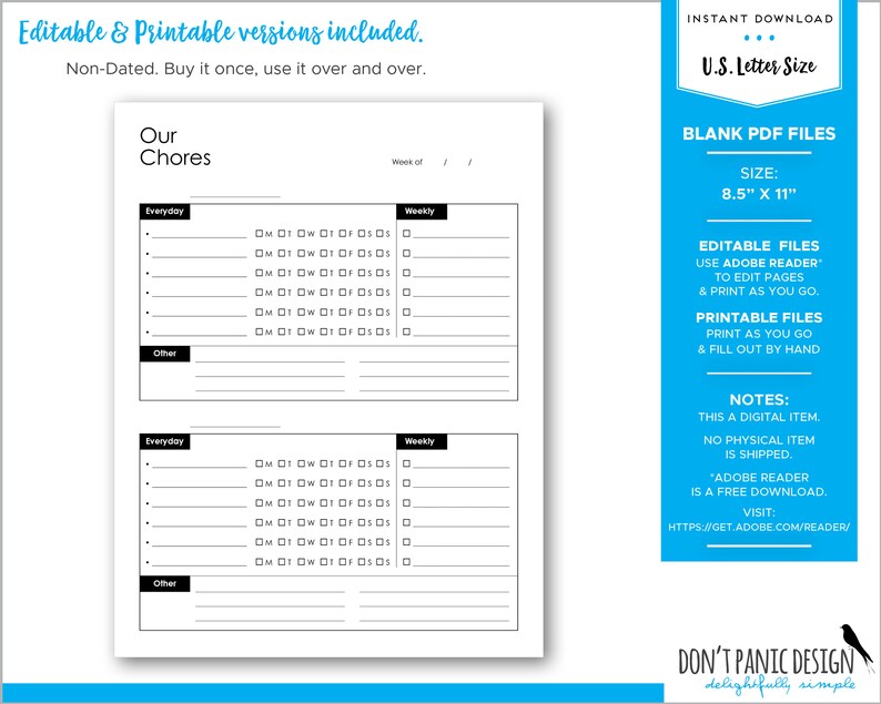 Printable, Editable, Chore Charts for 1, 2, or 4 People Minimalist and ...