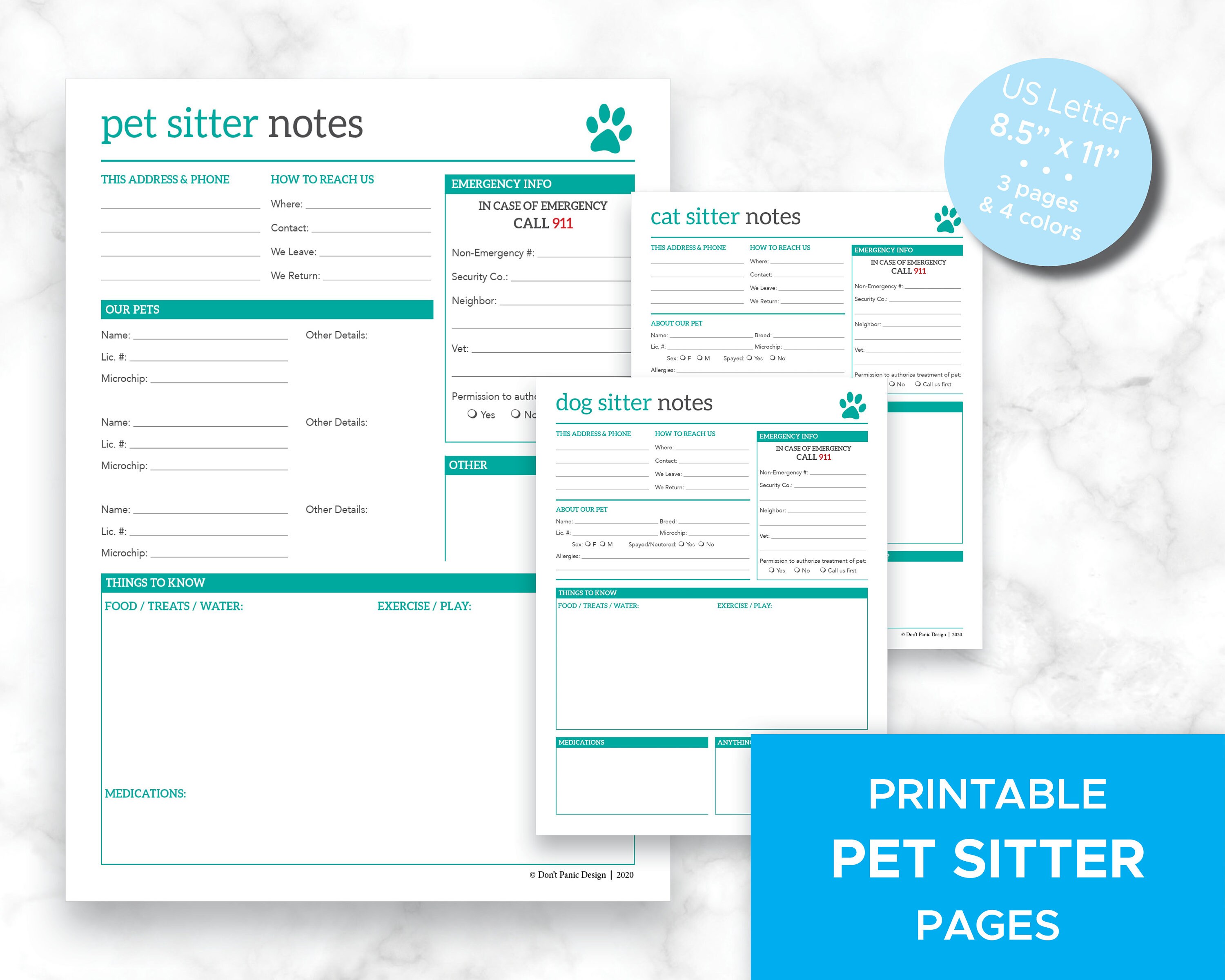 Turquoise Pet Sitting PDF, Printable Dog Sitter Page, Cat Sitter Page ...