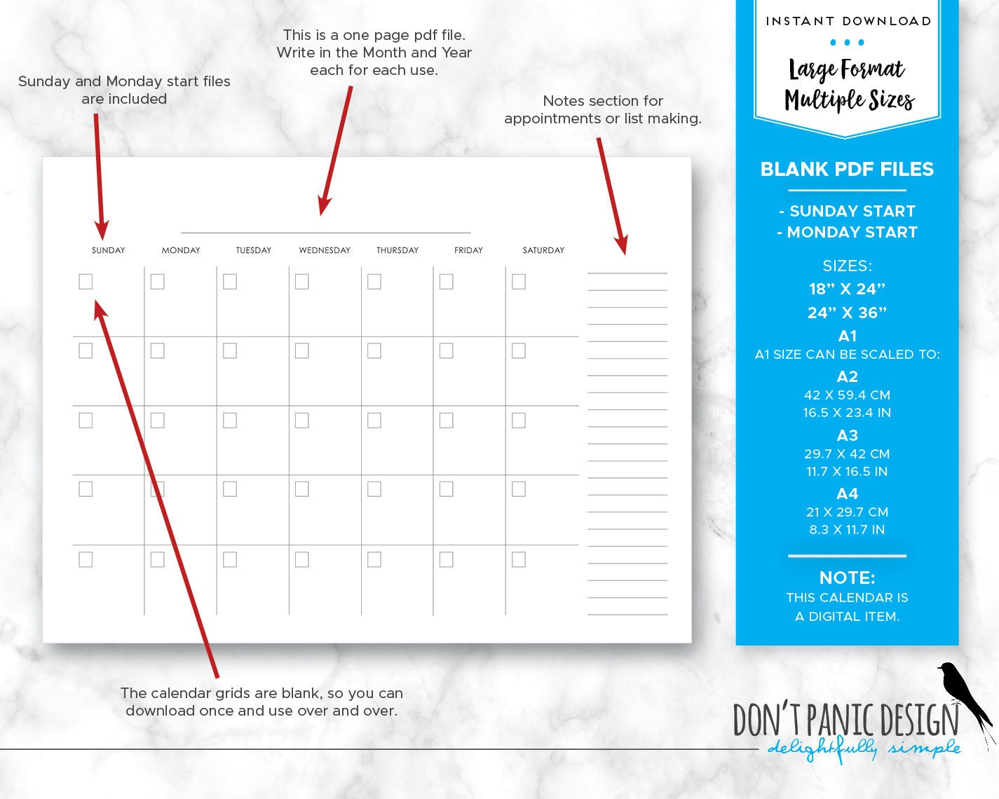 Printable Perpetual Wall Calendar, Large, Blank Modern Office Calendar ...