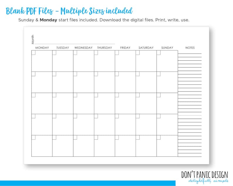 Printable Blank Large Wall Calendar With Notes Section, Office Calendar ...
